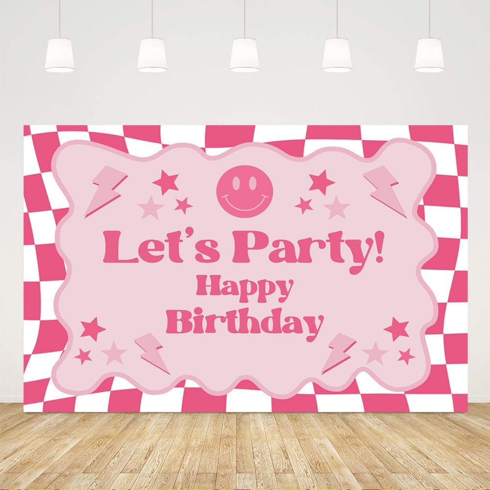 Hot Pink Smiling Face Birthday Party Backdrop Let's Party Preppy Y2k ...