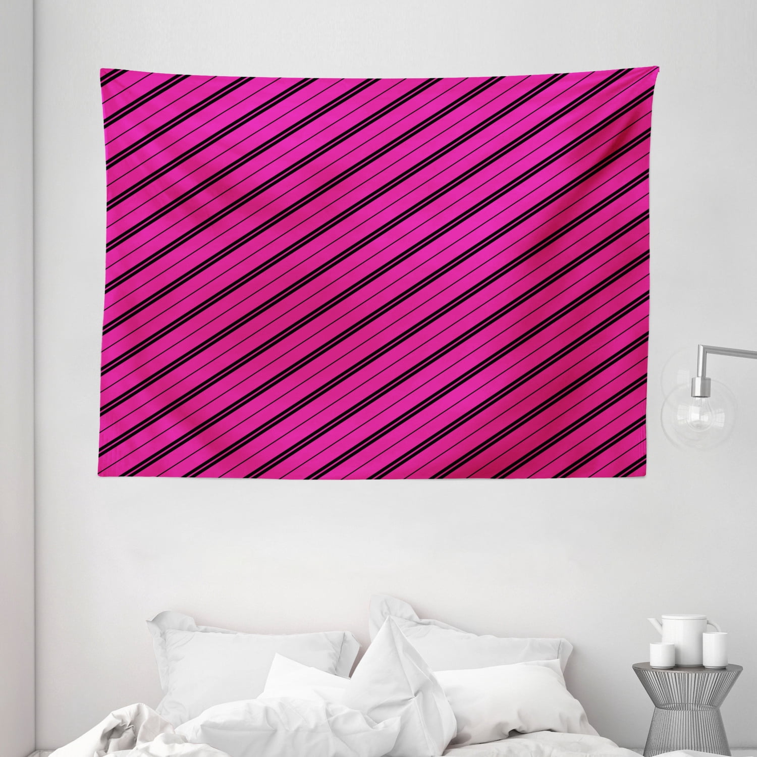 Hot Pink Tapestry, Diagonal Lines Black Stripes on Pink Backdrop ...