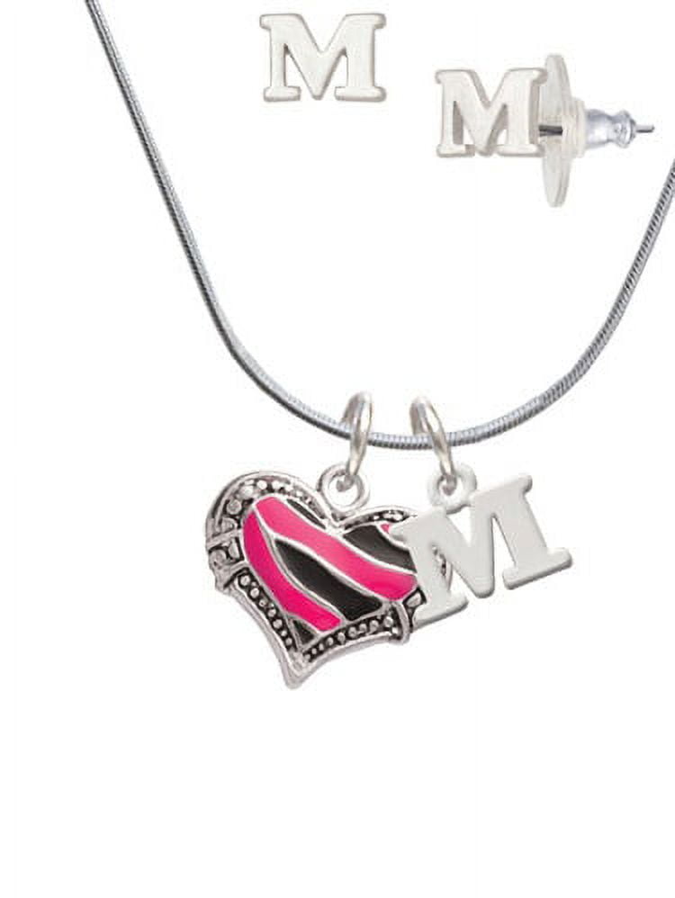 Hot Pink Tiger Print Heart - M Initial Charm Necklace and Stud Earrings ...