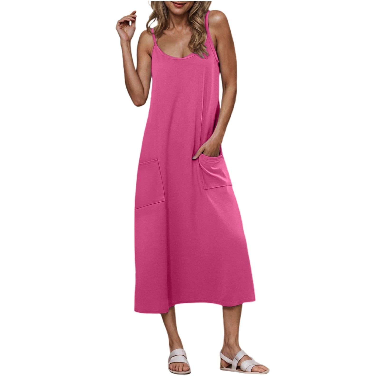Hot Pink Women Adjustable Cami Basic Midi Knee High Dresses for Women Spaghetti Strap Spandex ...
