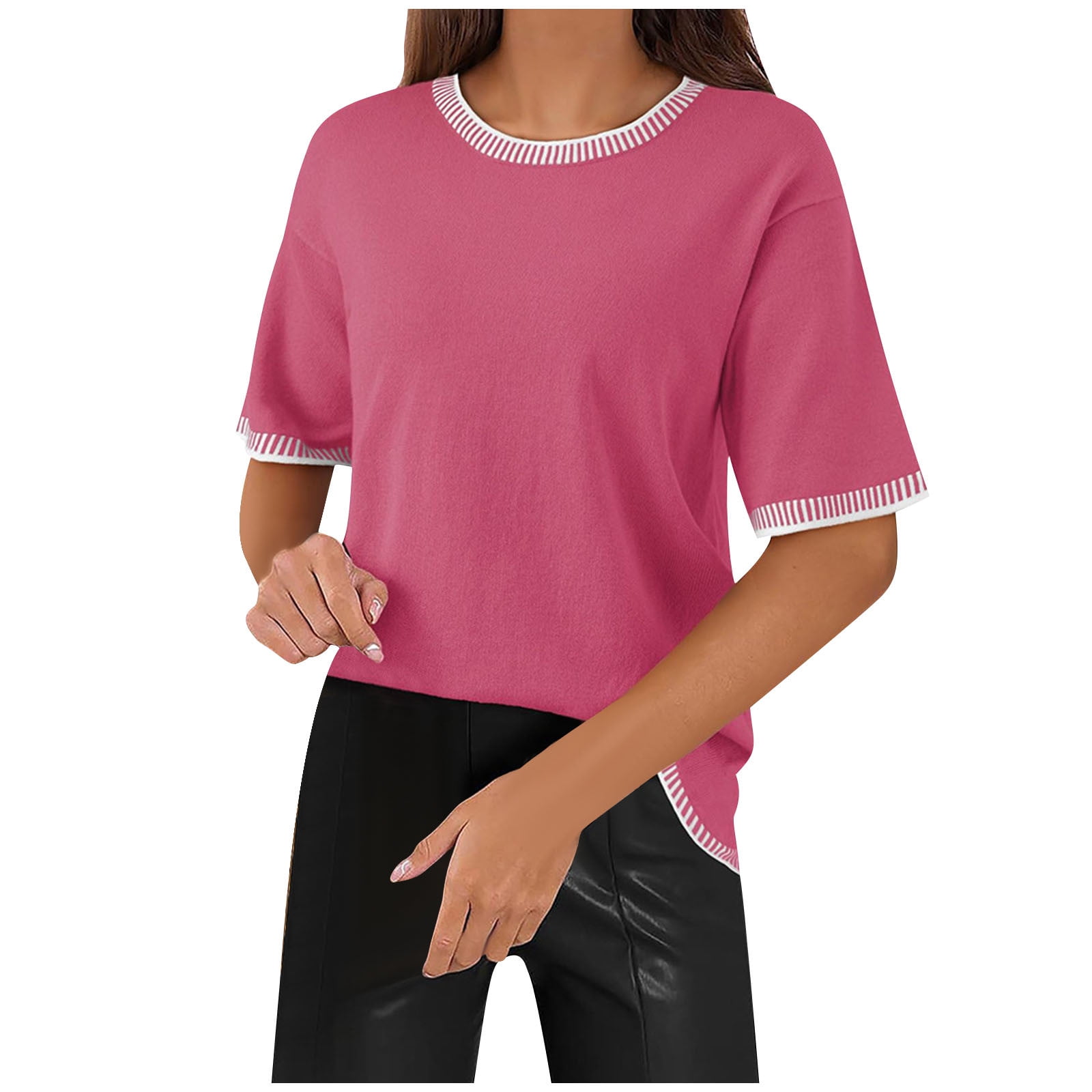 Hot Pink Women Brunch Tops Short Sleeve Blouses for Women Boat Neck ...