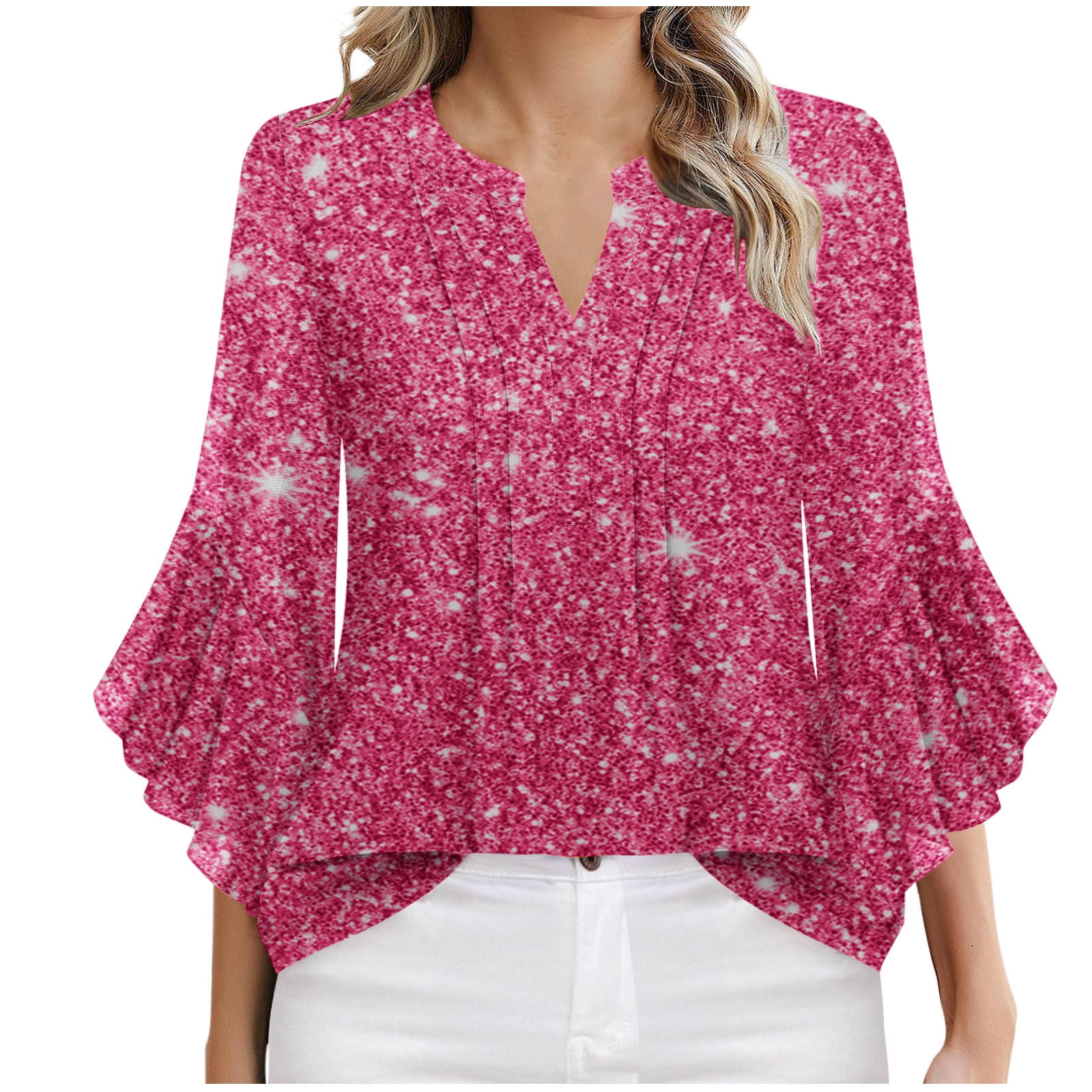 Hot Pink Women Ruched Tops Floral Print Loose Fit Blouses for Women ...
