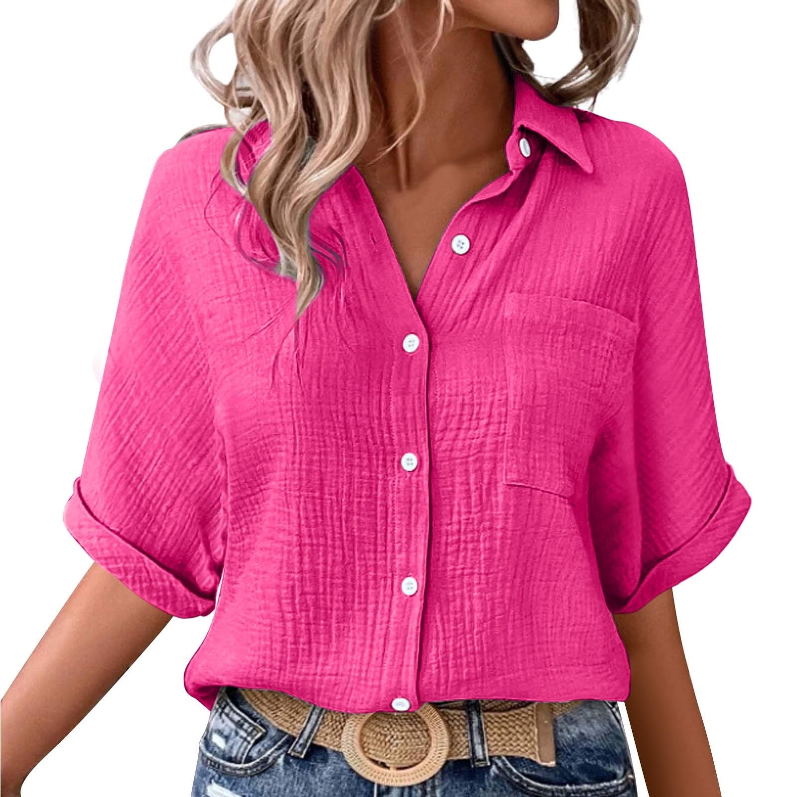 Hot Pink Womens Cardigan Basic Tshirts Tops Tee for Ladies Short 1/2 ...