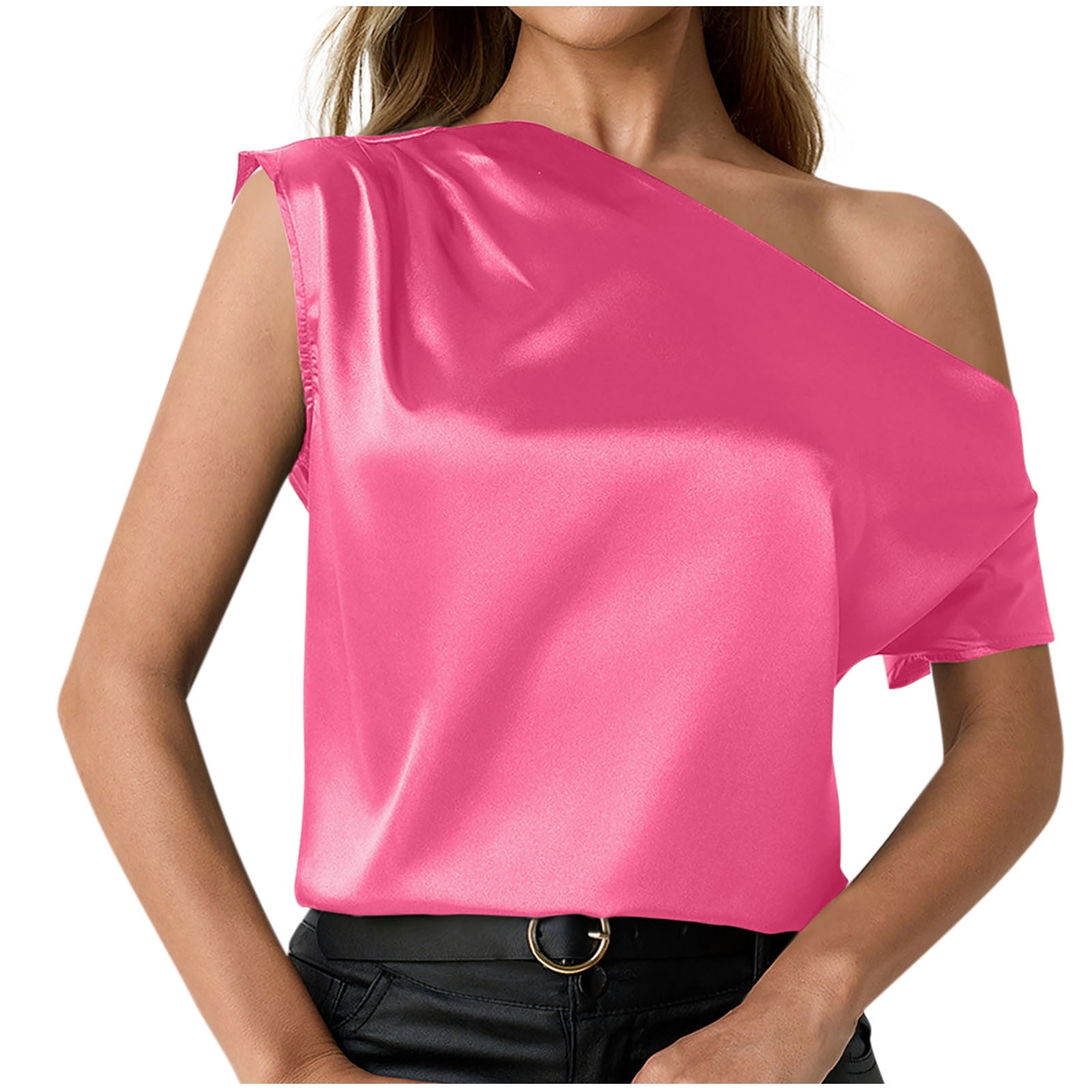 Hot Pink Womens Skew Neck Faux Silk Tops Blouses for Ladies Sleeveless ...