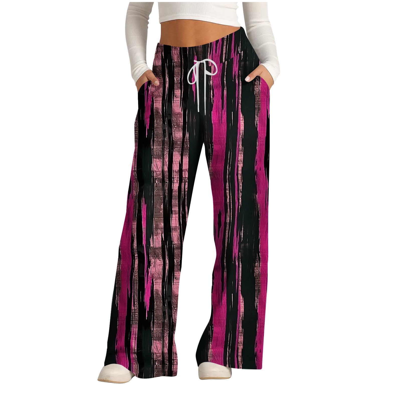 Hot Pink Womens Tie Dye High Waisted Striped Straight Leg Long Leg ...
