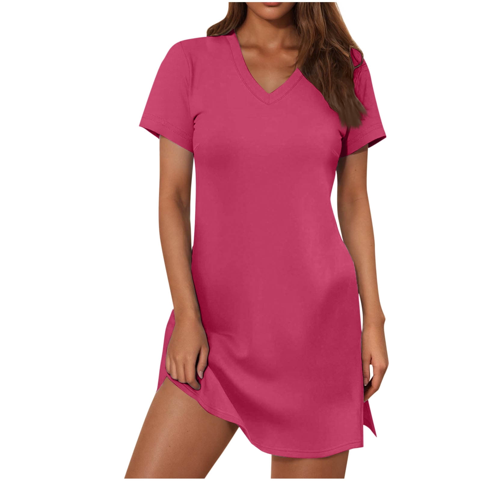 Hot Pink Womens V Neck Spandex Dress for Ladies Short Sleeve Midi Knee ...