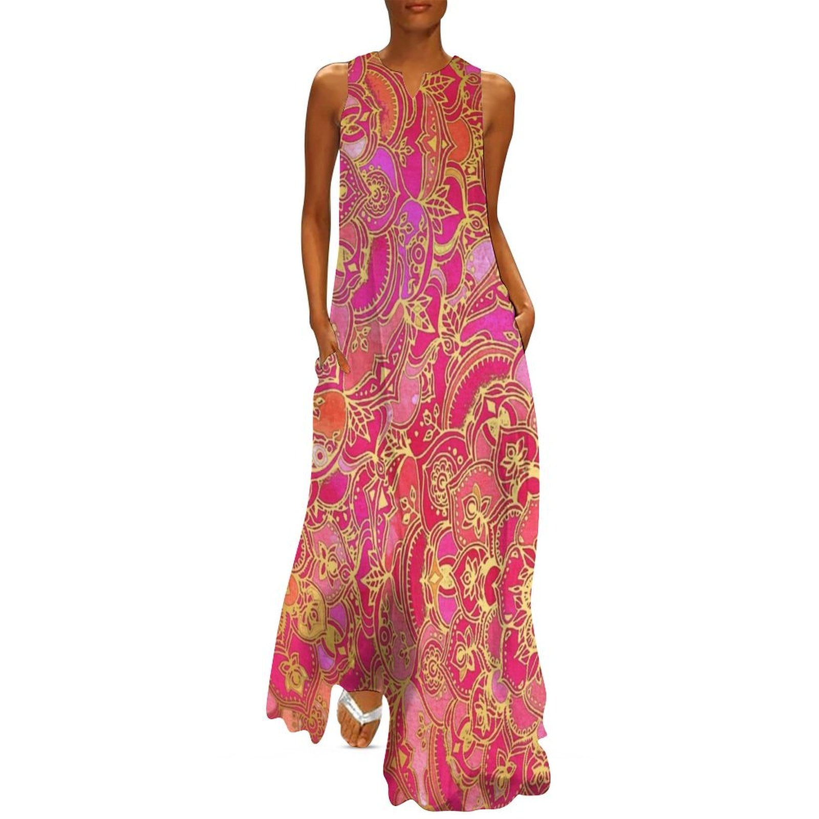 Hot Pink and Gold Baroque Floral Pattern Long Dress Elegant gowns prom ...