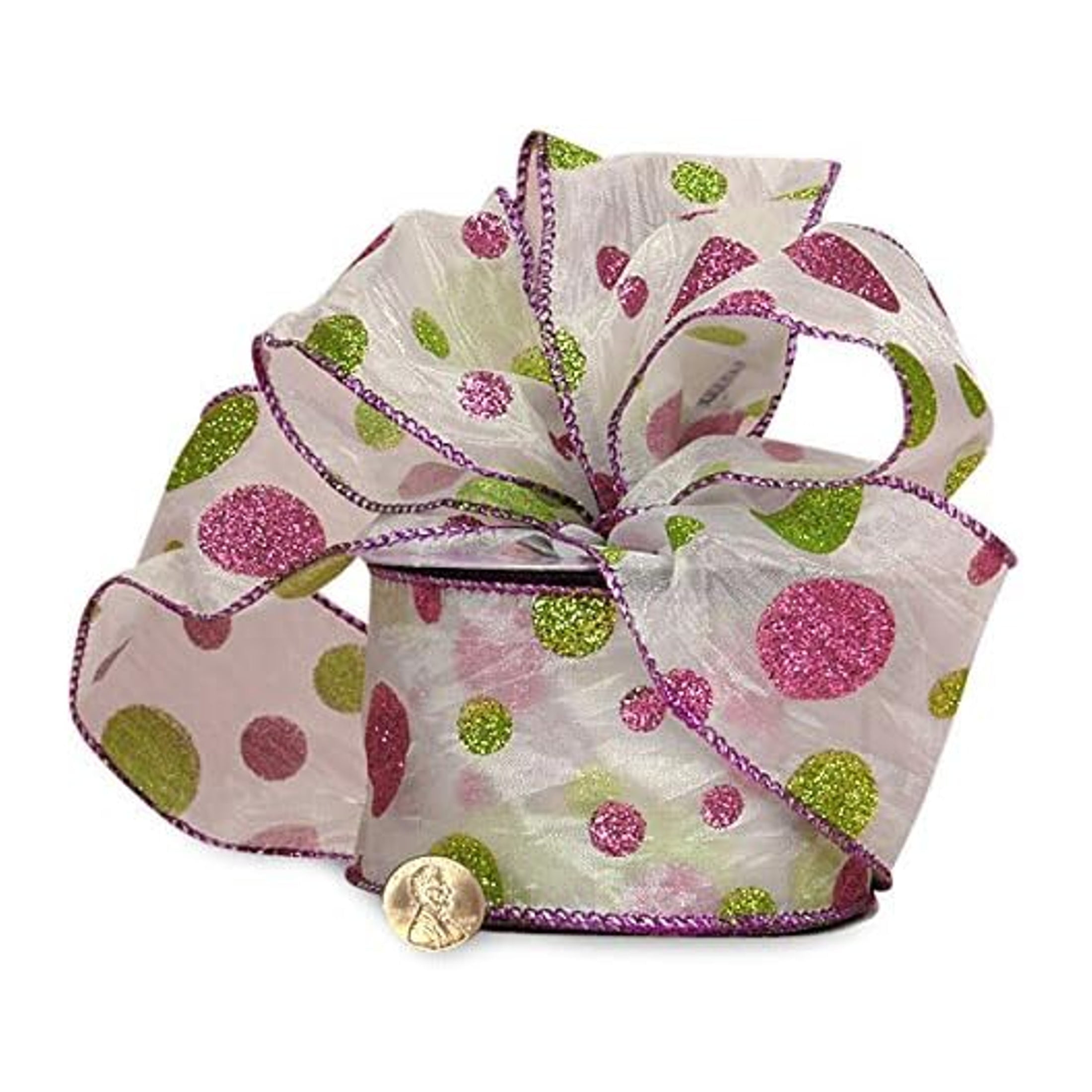 Hot Pink and Lime Glitter Polka Dots Wired Ribbon - 2 1/2 Inches Wide X ...