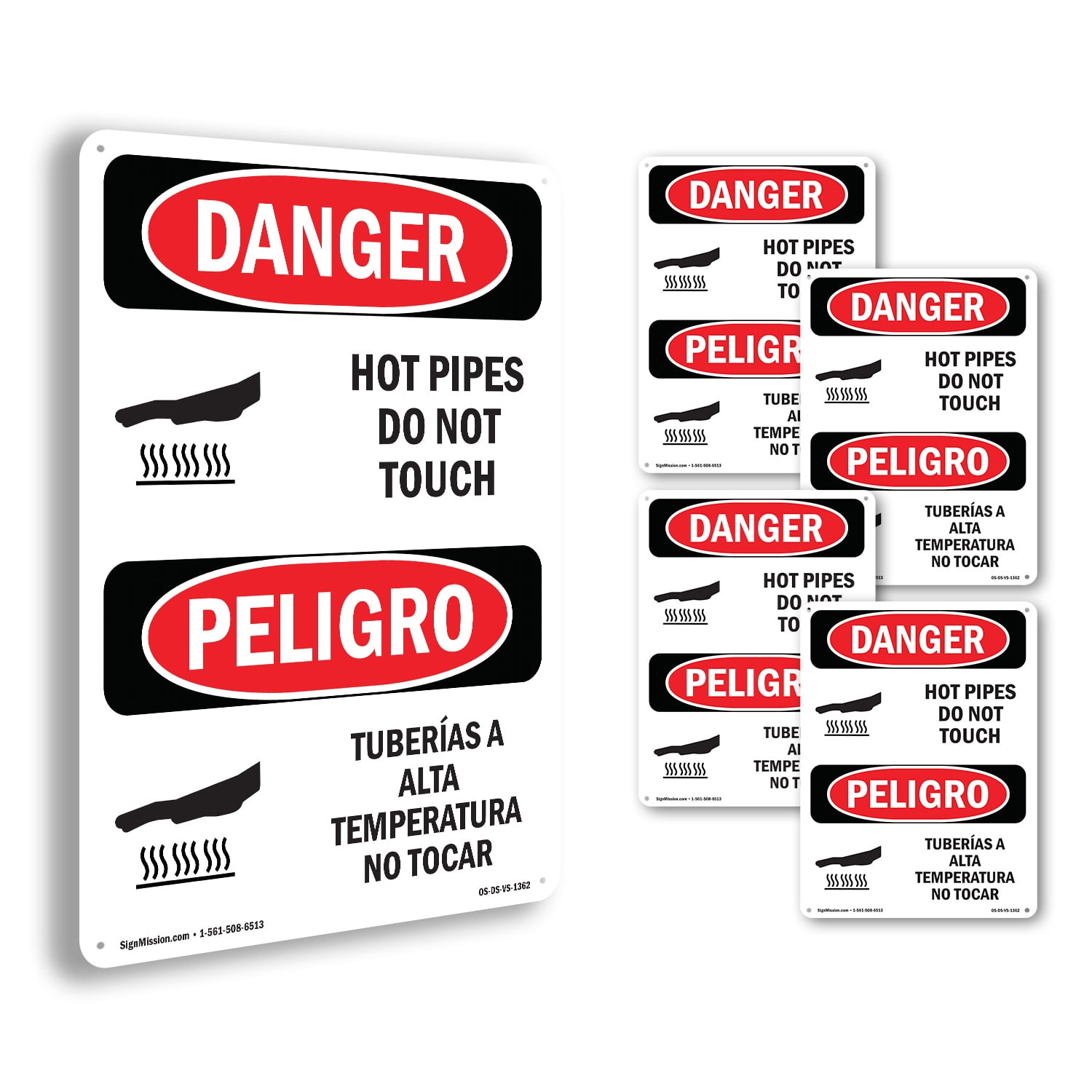Hot Pipes Do Not Touch Bilingual OSHA Danger Aluminum Sign 18 Inch x 12 ...