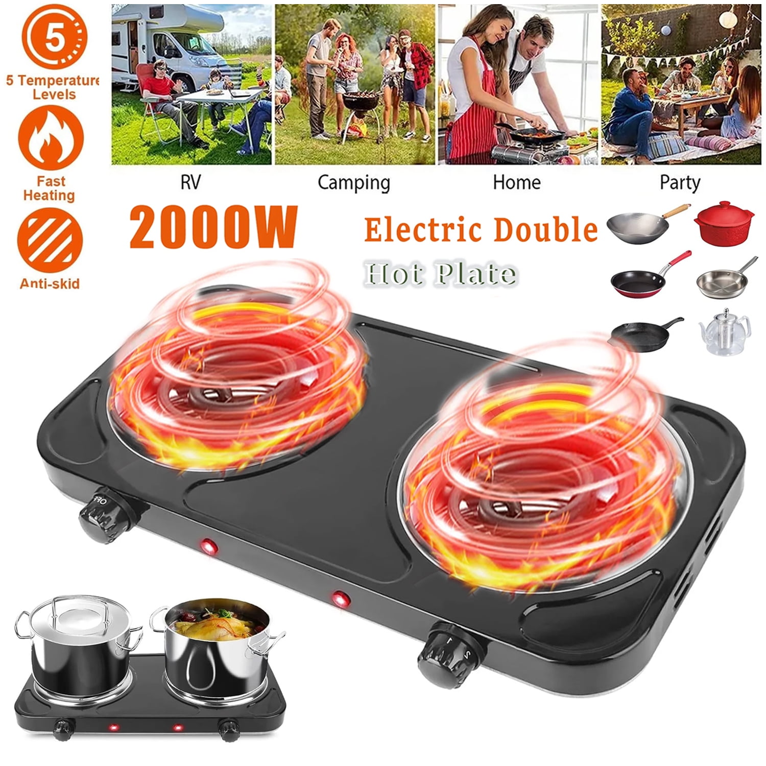Hot Plate for Cooking,2000W Electric Double Burner Cooktop,Portable ...