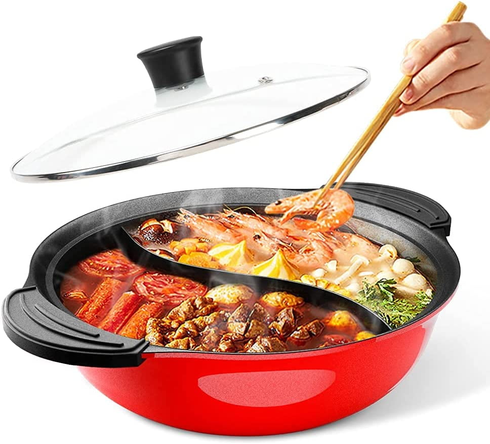 Hot Pot with Divider for Induction Cooker Dual Sided Soup Cookware Two ...