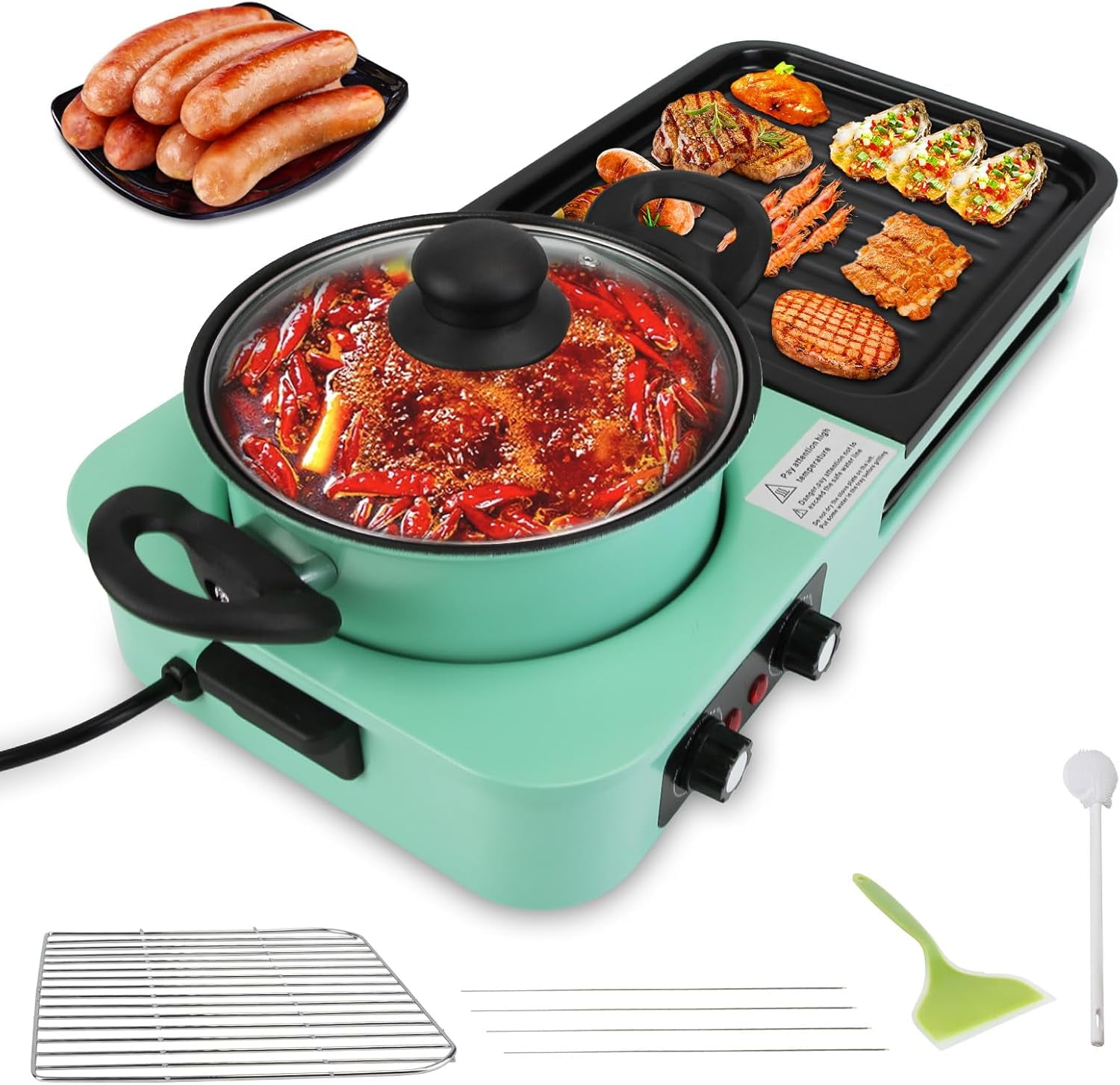 Hot Pot Electric with Grill, 1600W 3 in 1 Smokeless Non-Stick Barbecue ...
