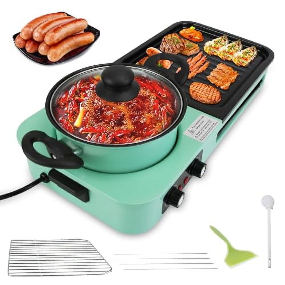 Hot Pot Electric with Grill, 1600W 3 in 1 Smokeless Non-Stick Barbecue Shabu Hot Pot with Dual ...