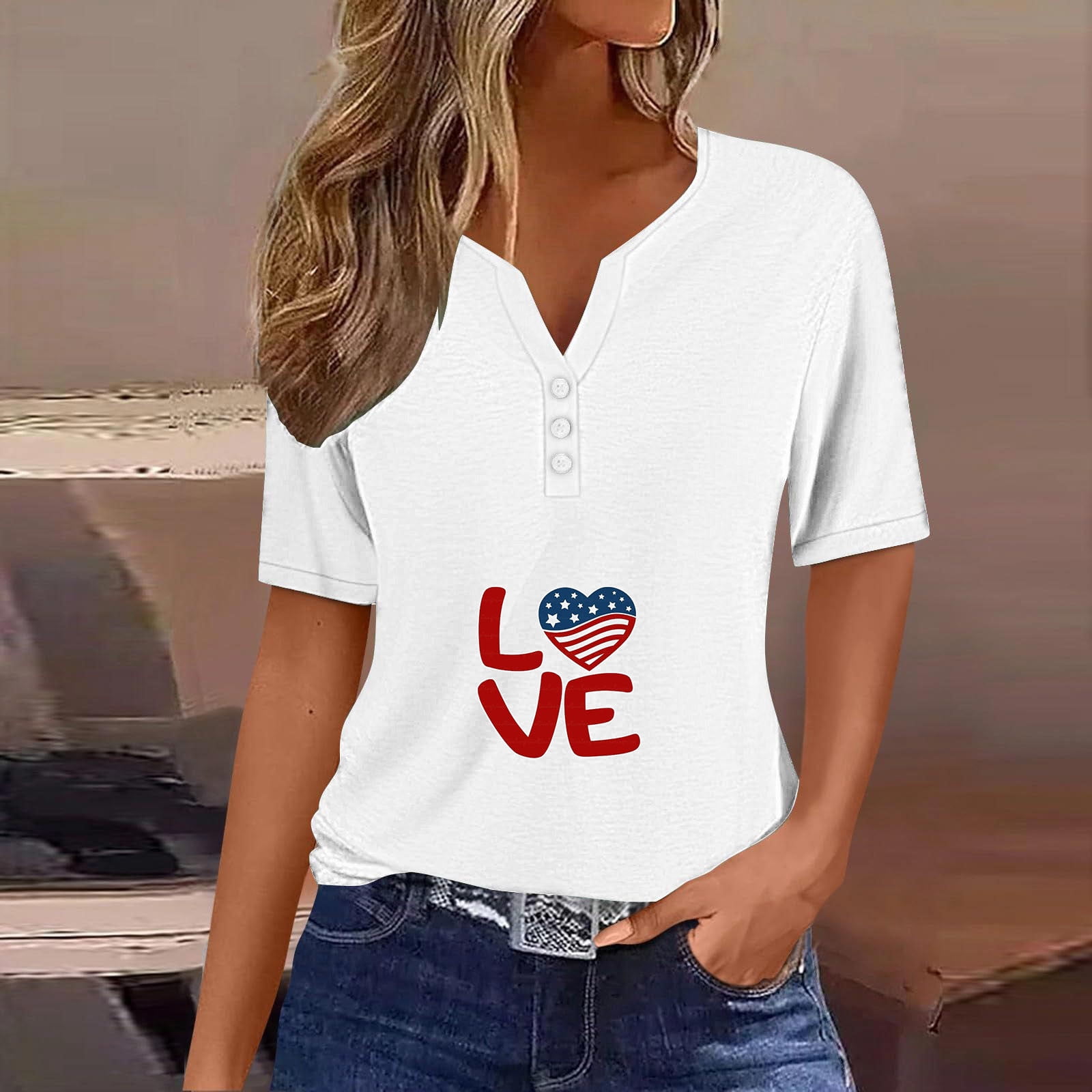 Hot Prices Ganfancp Independence Day Workout Women Tops 1 4 Sleeve V