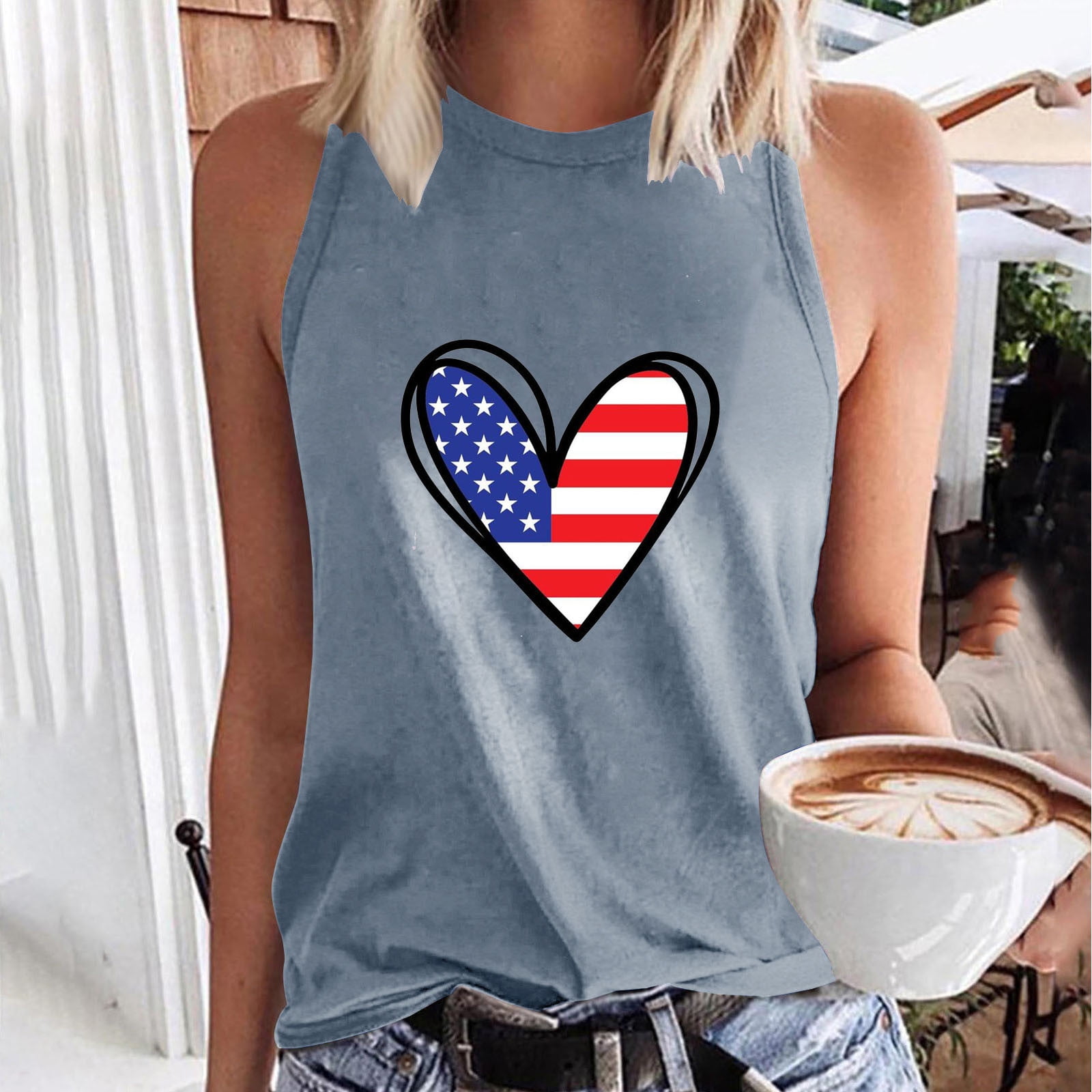 Hot Prices Ganfancp Independence Day Workout Women Tops Sleeveless Crew