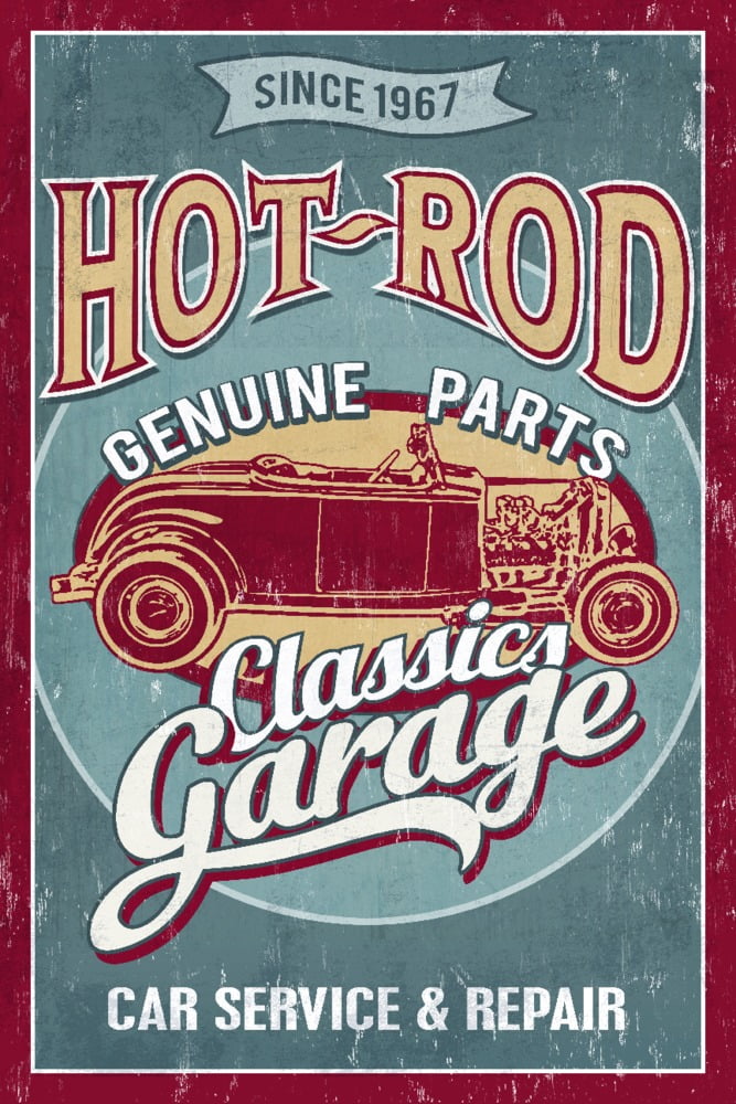 Hot Rod Garage, Classic Cars, Vintage Sign (24x36 Giclee Gallery Art ...