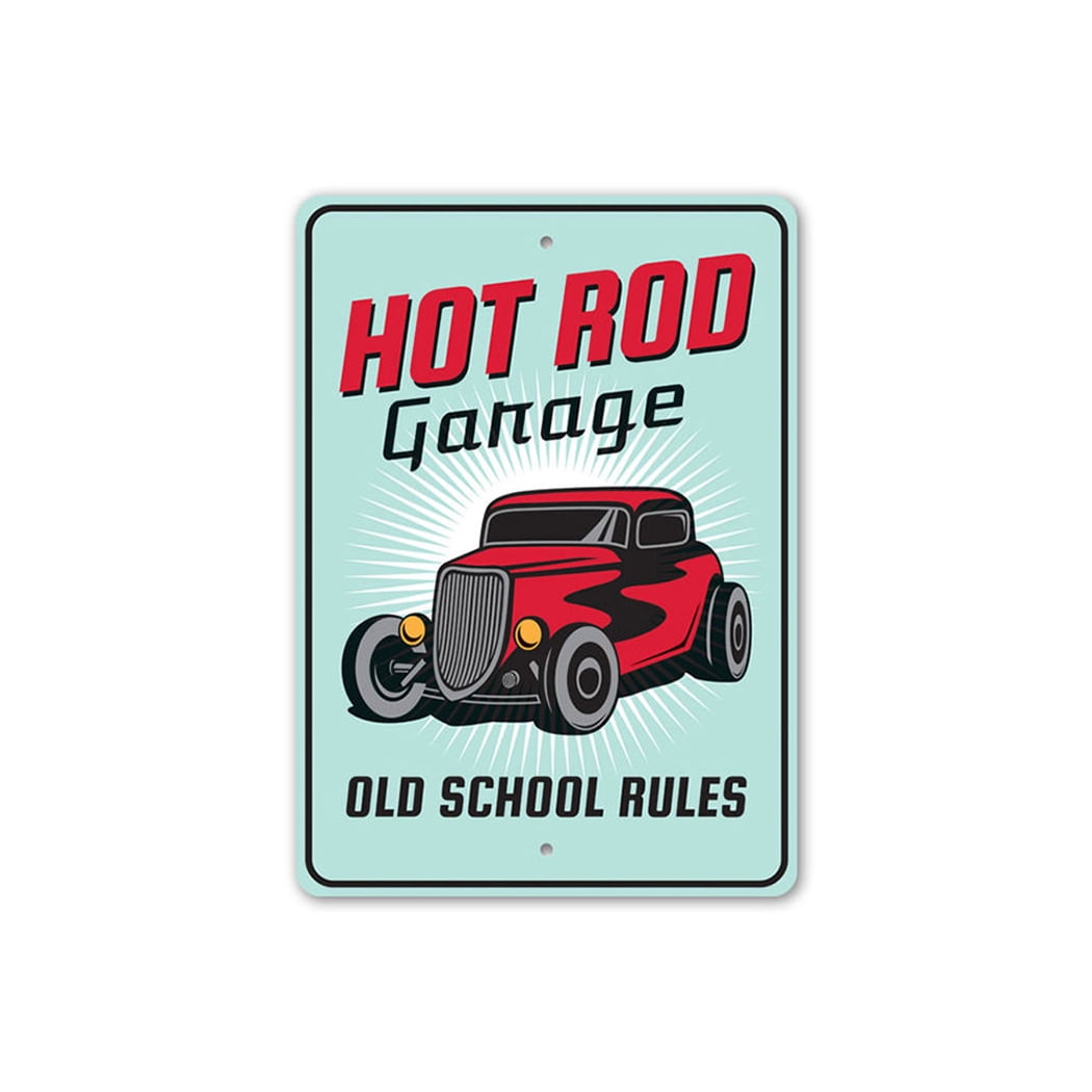 Hot Rod Garage Sign, Old School Rules Aluminum Metal Decor Sign - 4x18 ...