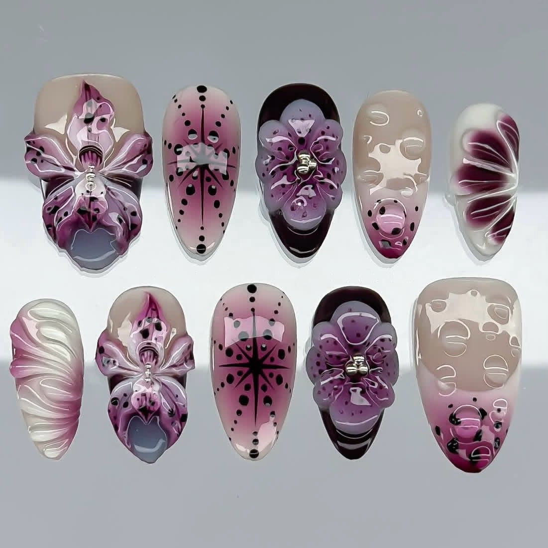 Hot Sale Purple 3D Flower Press On Nails, Short Almond French Nail Tips ...