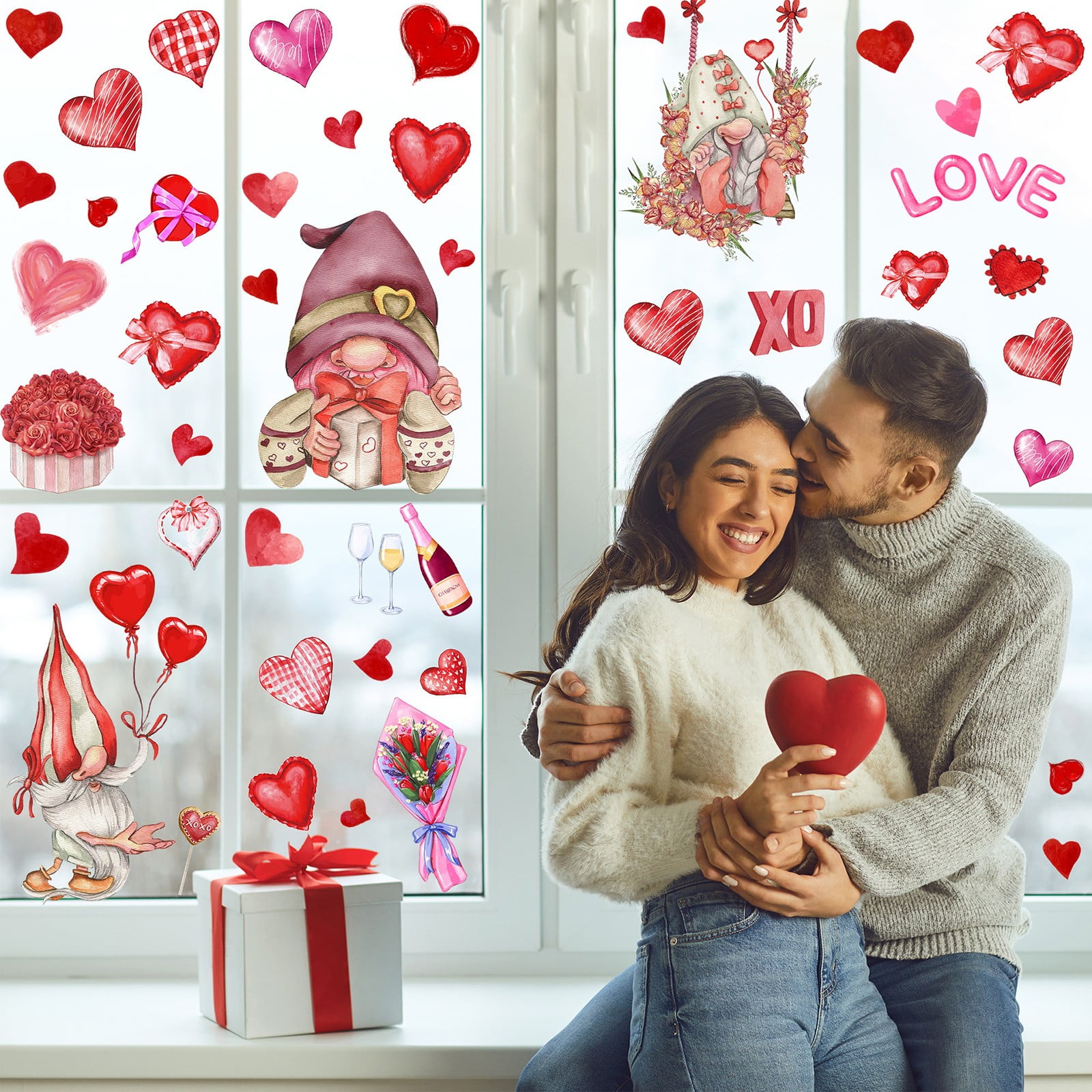 Hot Sale! Valentines Window Clings, 9 Sheets Reusable Gnome/Love ...
