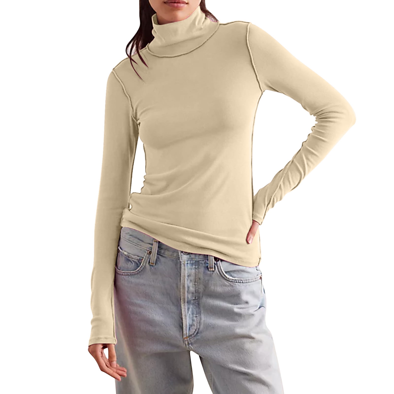 Hot Sale!Womens Solid Slim Basic Undershirts Long Sleeve High Neck Lightweight Blouse,X ...