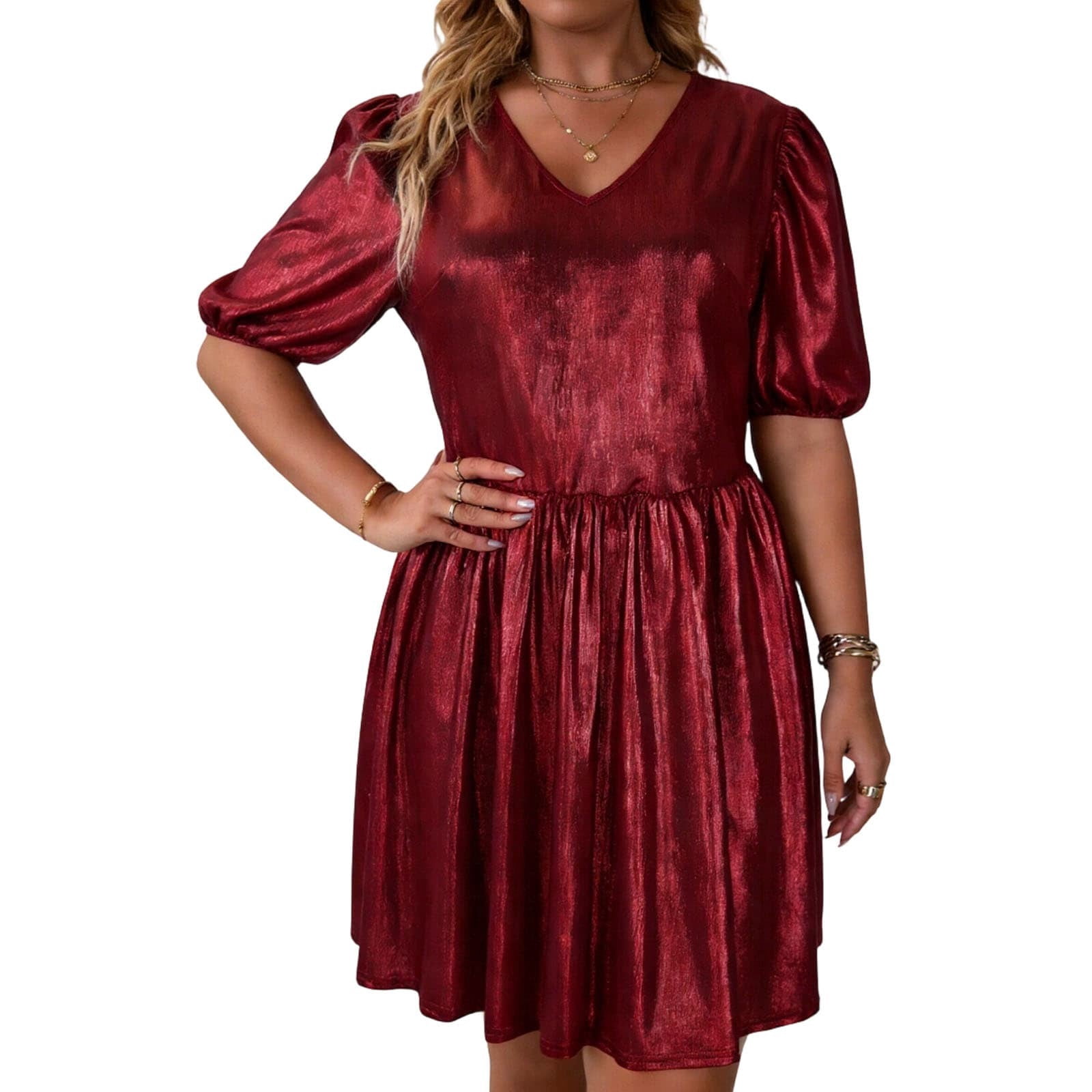 POROPL Mother of the Bride Dresses,V Neck Puff Sleeve Pleated Skater ...