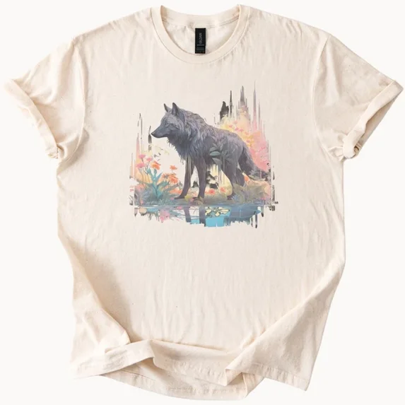 Hot Trending Black Wolf Graphic Tee Nature Scene with Flowers and ...