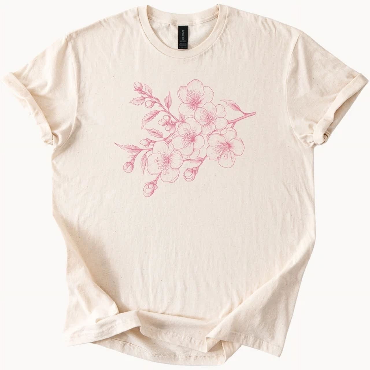 Hot Trending Cherry Blossom Line Art Graphic Tee Spring Floral Drawing Soft Cotton Shirt Design ...