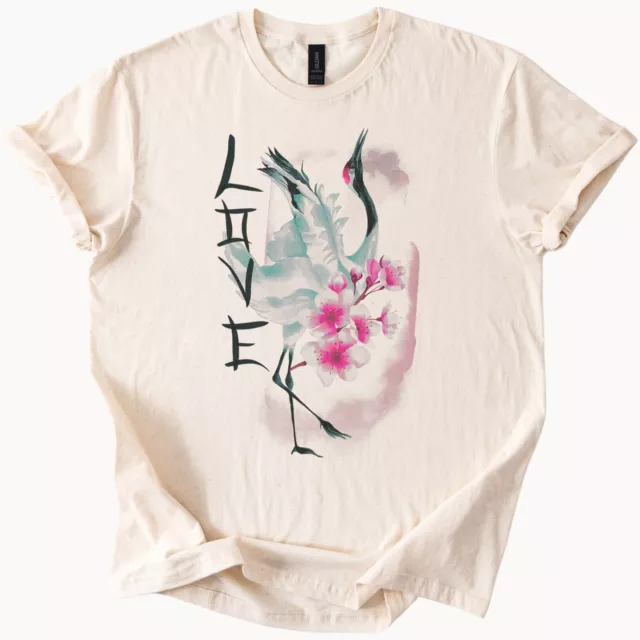 Hot Trending Crane Love Cherry Blossoms Graphic T-Shirt Japan Art Style ...