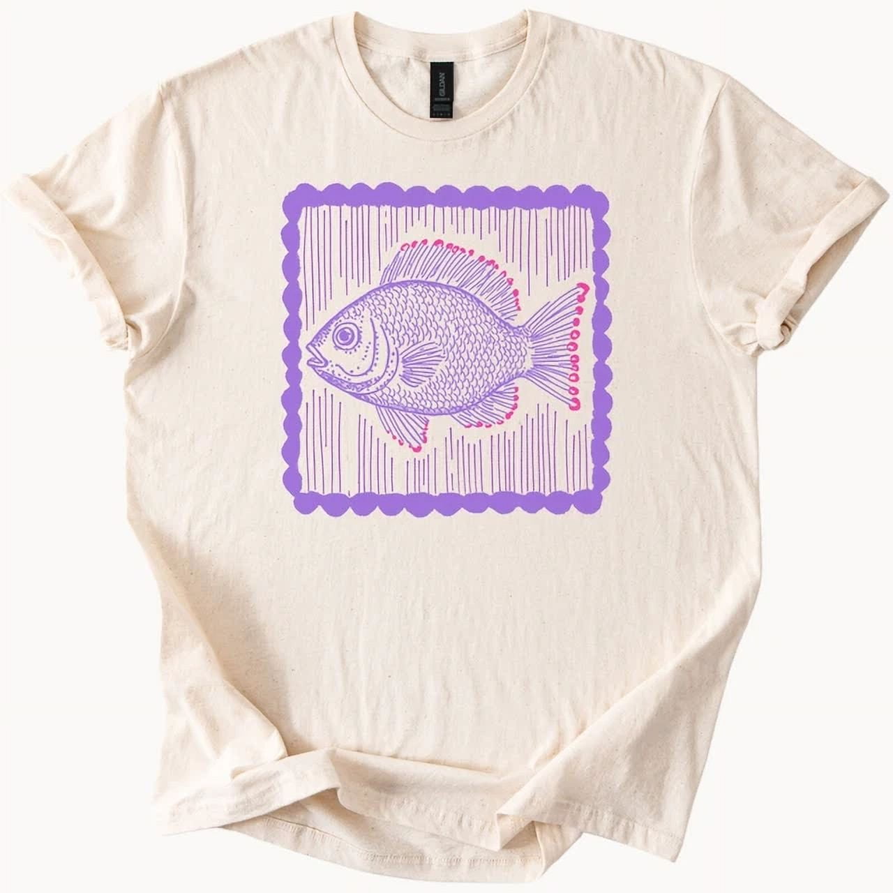 Hot Trending Floral Fish Graphic Tee Unique Scalloped Border T Shirt ...