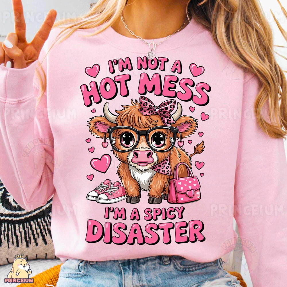 Hot Trending I'M Not A Hot Mess I'M A Spicy Disaster, Funny Highland Cow, Cute Pink Cow ...