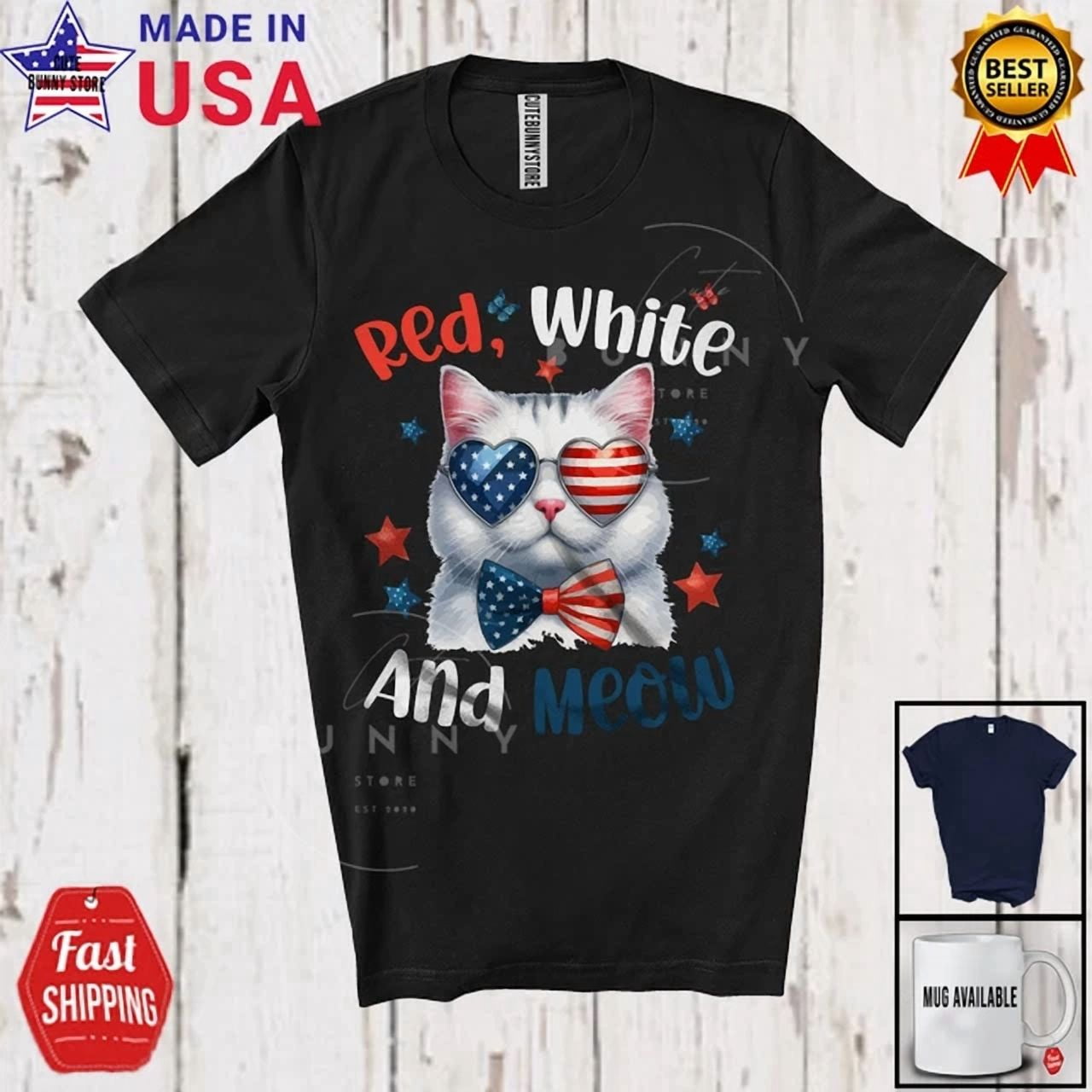 Hot Trending Kiraa Tee With Red White Meow; Awesome 4Th Of July Cat ...