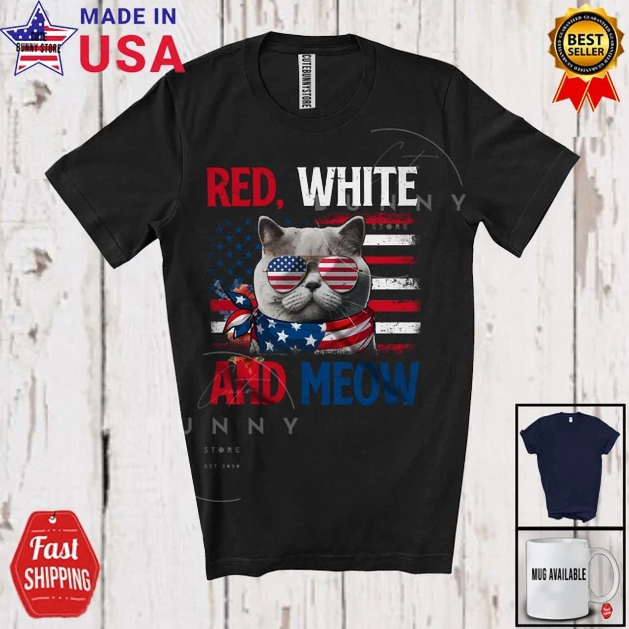 Hot Trending Kiraa Tee With Red White Meow; Awesome 4Th Of July Cat ...