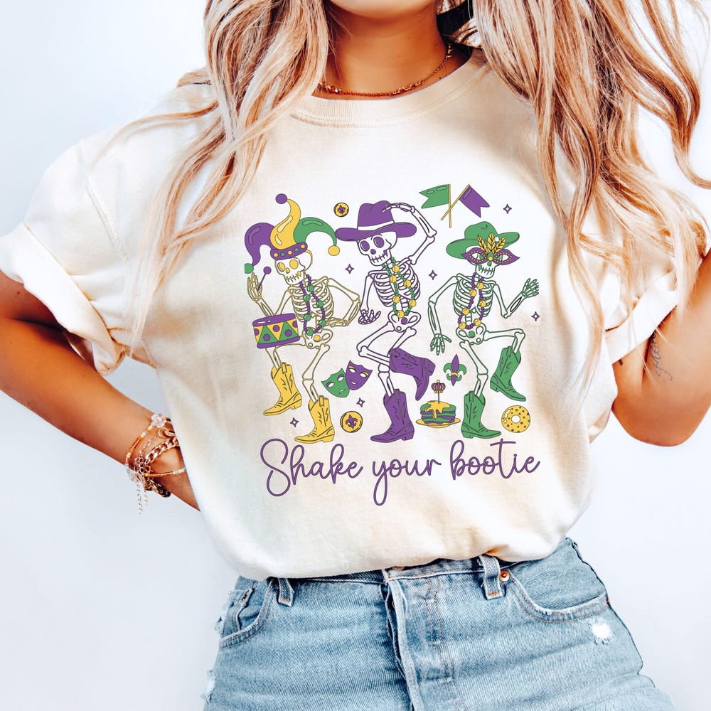 Hot Trending Mardi Gras Shirt Women Shake Your Bootie Skeleton Mardi ...