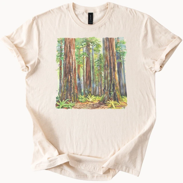 Hot Trending Redwood forest trees hiking nature tee with woodland path ...