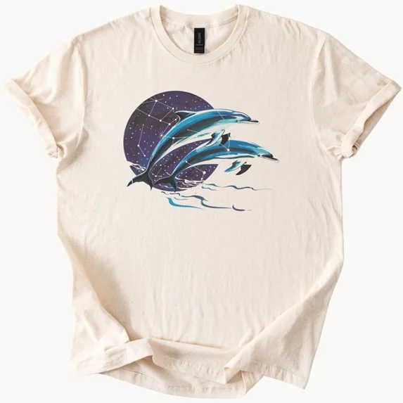 Hot Trending Retro Dolphins Constellation Graphic Tee Ocean Night Sky ...