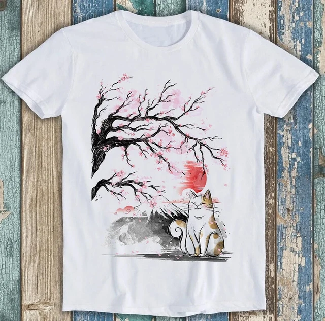 Hot Trending Sakura Tree Japanese Cat At Fuji Mountain Meme Funny Tee T ...
