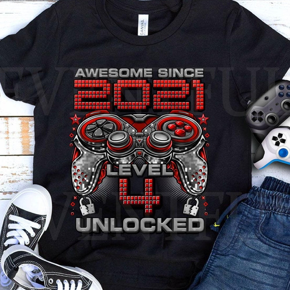 Hot Trending T-Shirt With Level 4 Unlocked Shirt, Gamer 4Rd Birthday ...