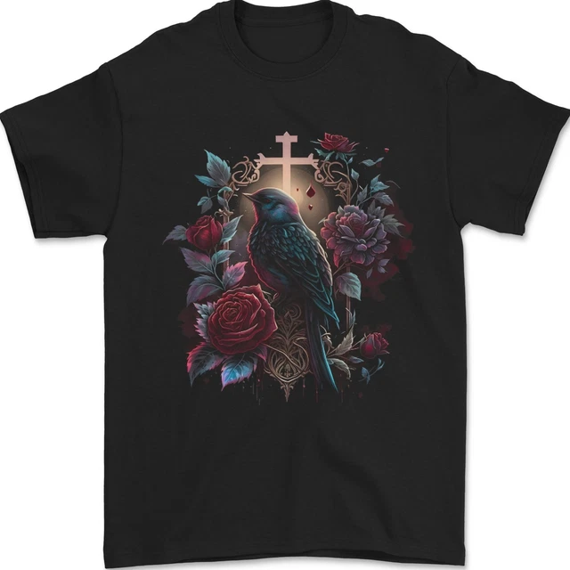 Hot Trending T-Shirt With A Gothic Bird And Cross In Roses Gothic T ...