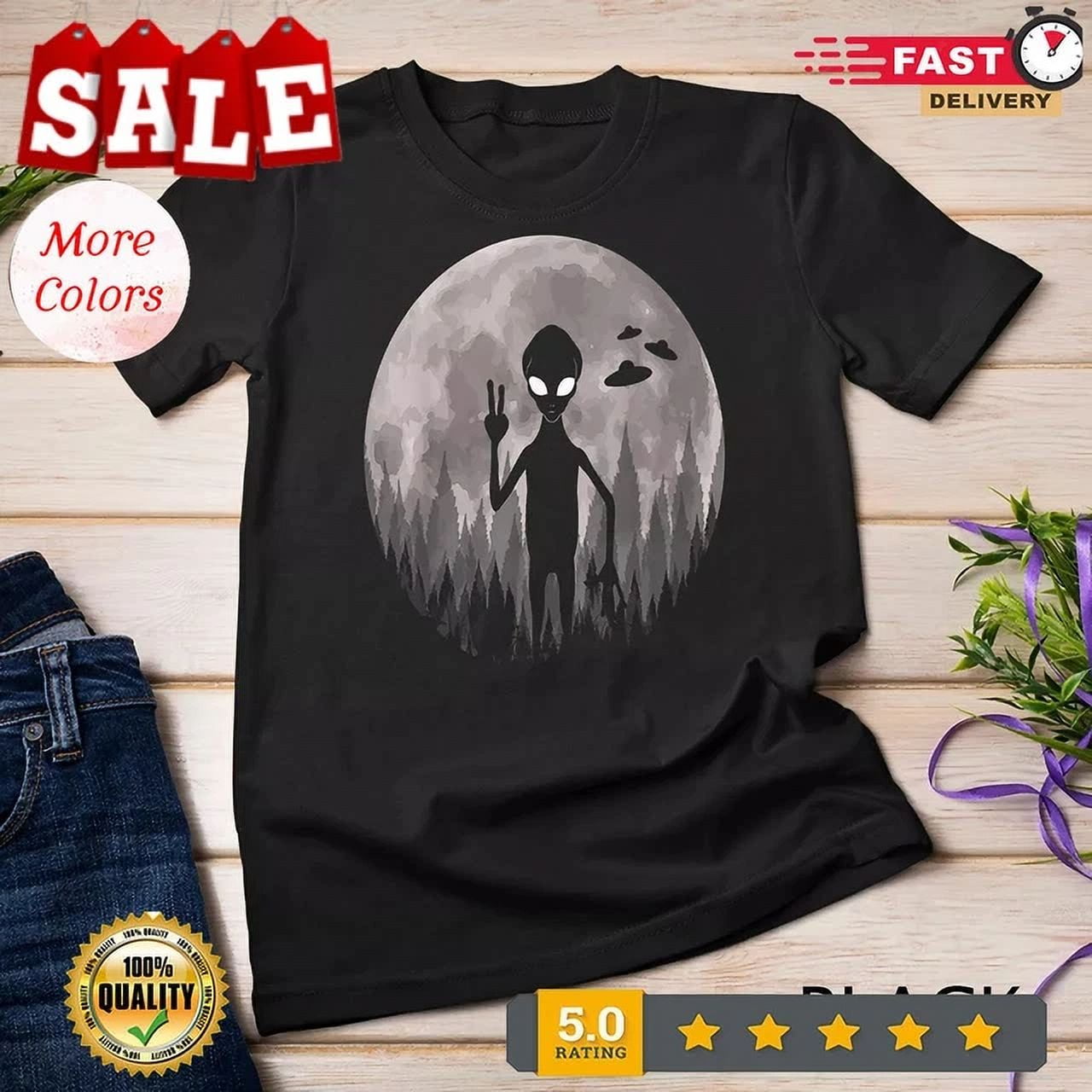 Hot Trending T-Shirt With Funny Alien And Ufos Graphic Moon ...