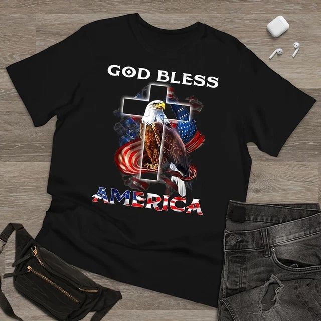 Hot Trending T-Shirt With God Bless America Jesus Cross Bald Eagle 4Th Of July Us Flag T Shirt ...