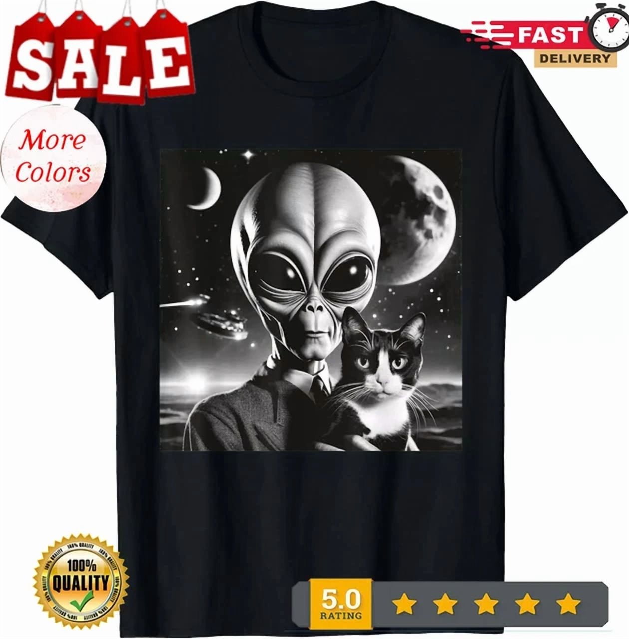 Hot Trending Tee With Alien And Cat Ufo Outer Space Cat Lover Kitten T ...