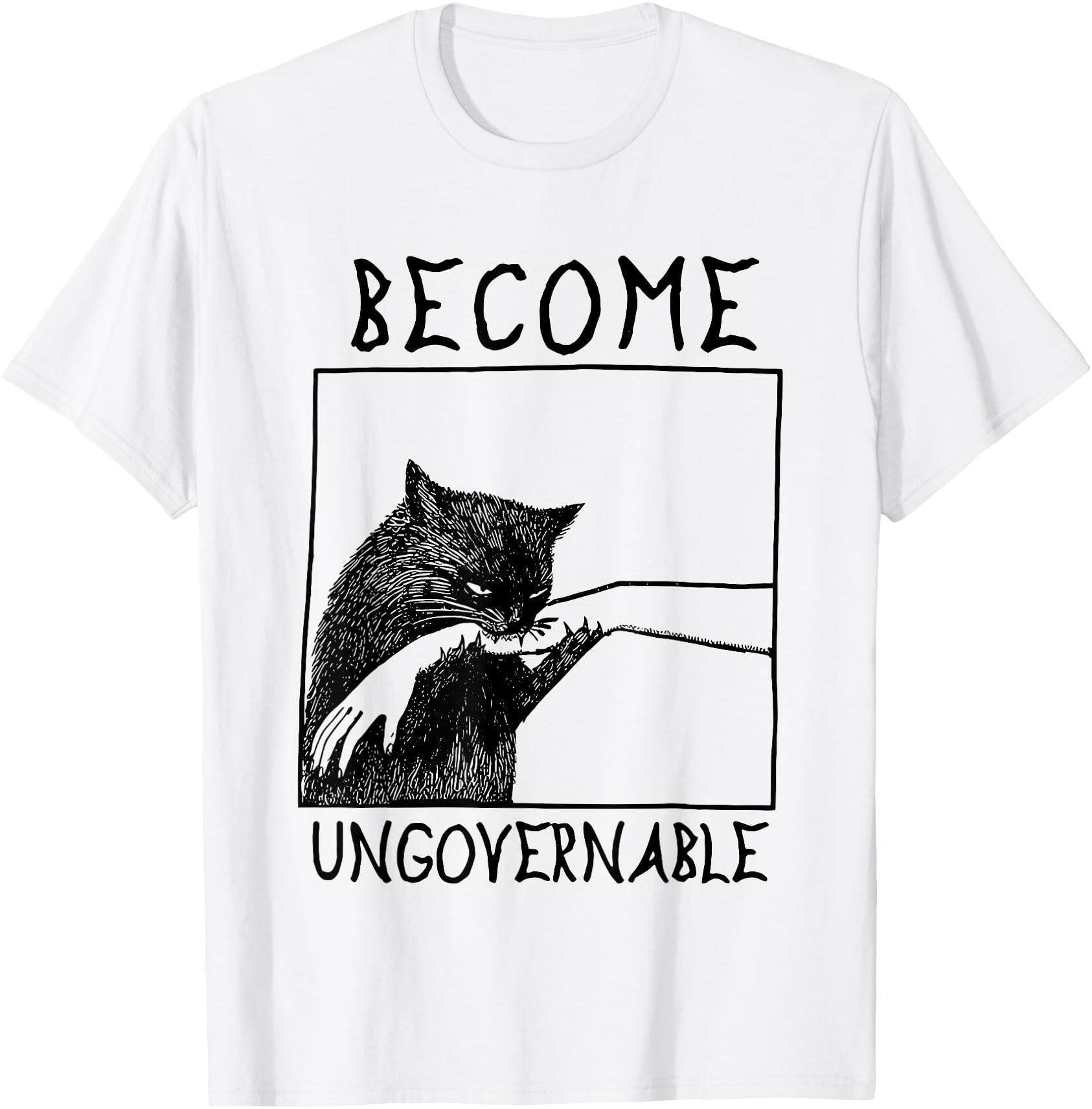 Hot Trending Tee With Become Ungovernable - Black Cat Biting Hand Funny ...