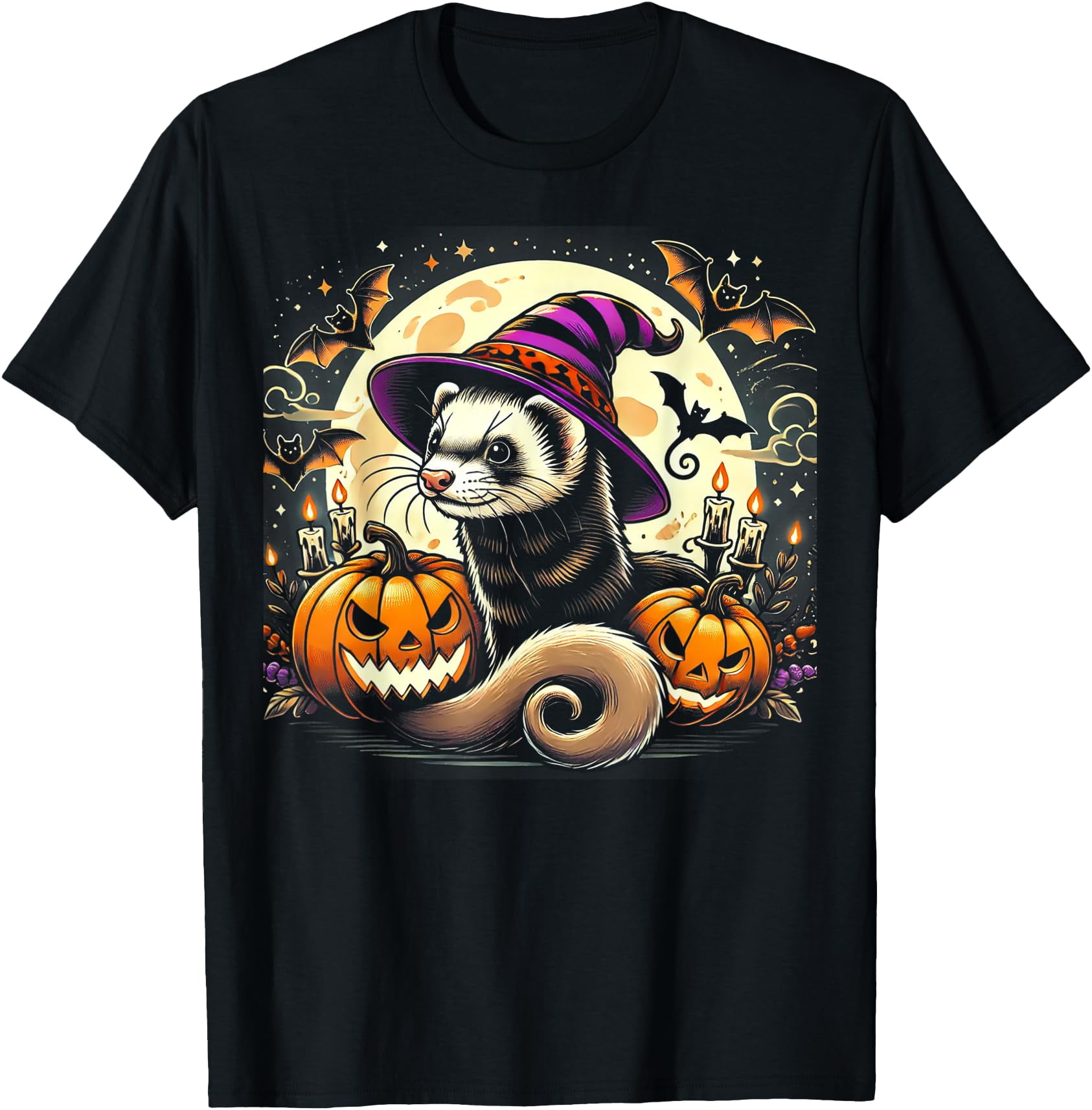Hot Trending Tee With Ferret Witch Halowen Spooky Pumpkin Bats Art ...