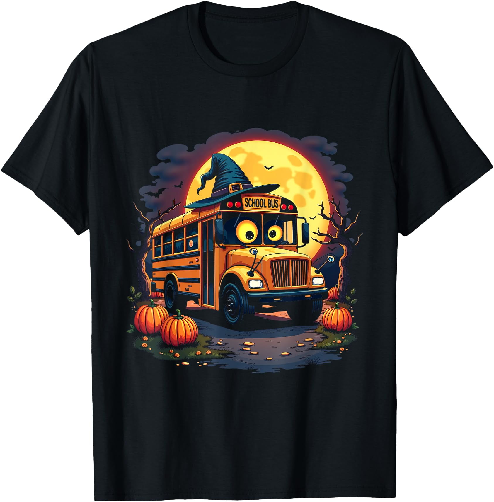 Hot Trending Tee With Halowen School Bus With Witch Hat And Pumpkins ...