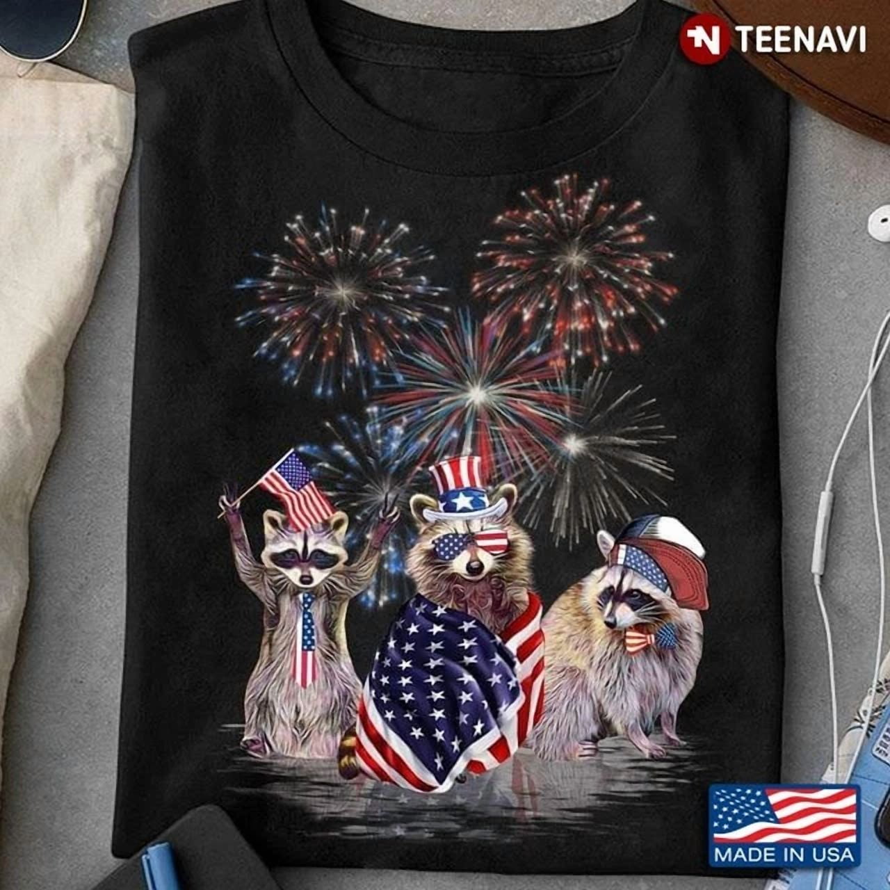 Hot Trending Tee With Happy Racoon American Flag And Firework 4Th Of ...