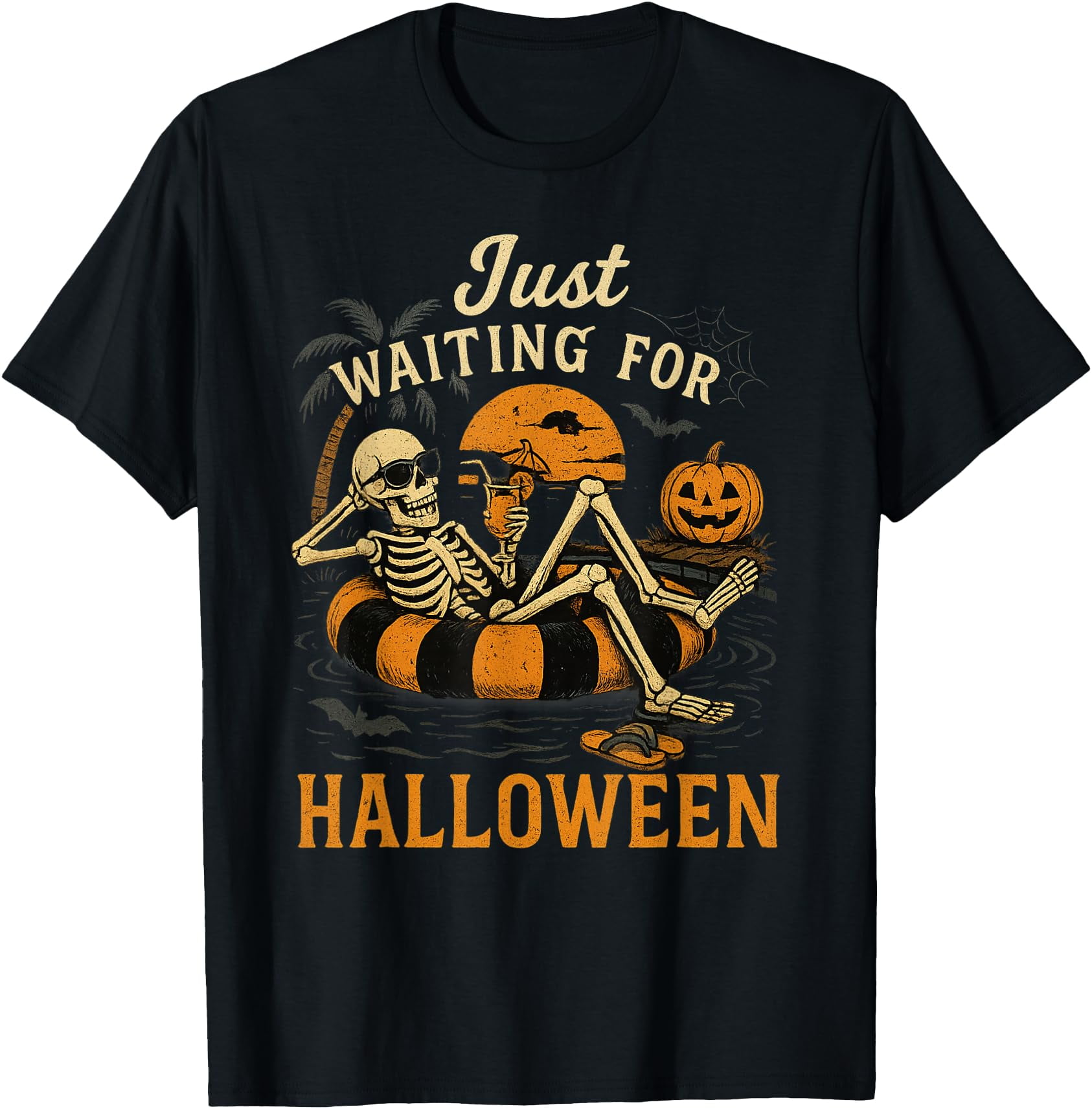 Hot Trending Tee With Just Waiting For Halowen Skeleton Spooky Summer ...