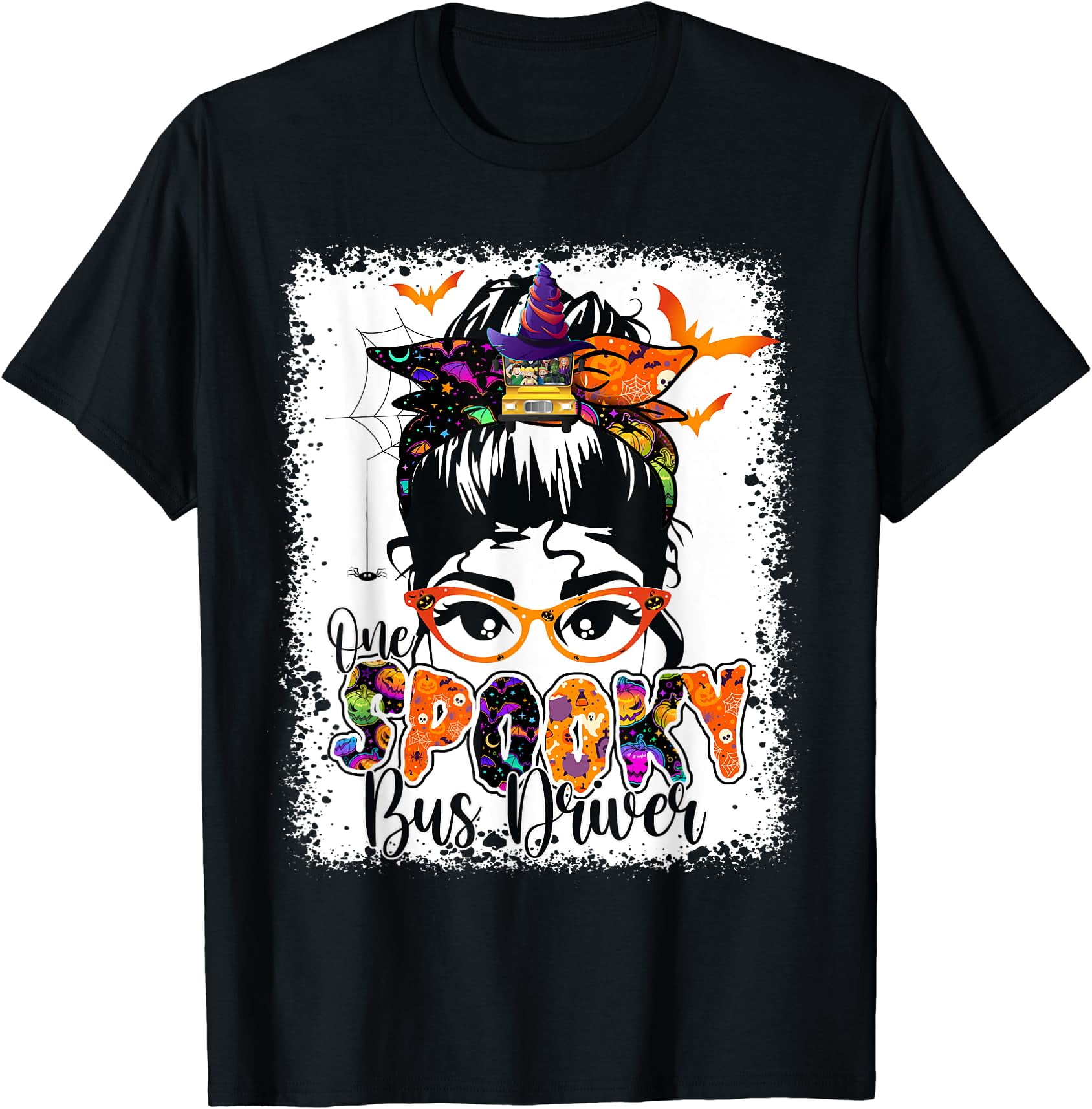 Hot Trending Tee With One Spooky Bus Driver Messy Bun Halowen - Walmart.com