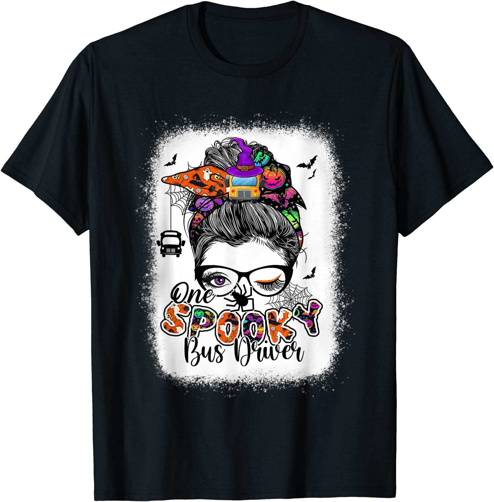 Hot Trending Tee With One Spooky Bus Driver Messy Bun Halowen - Walmart.com