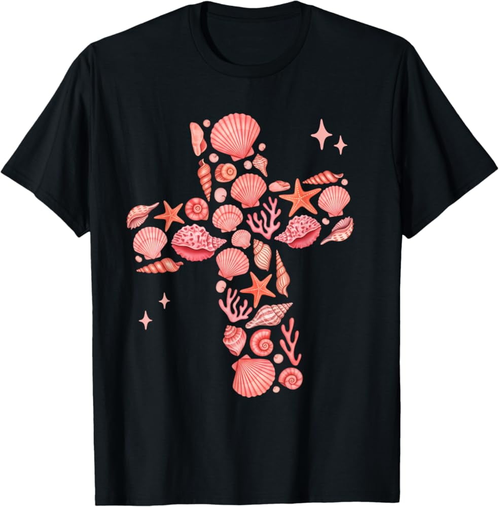Hot Trending Tee With Pink Seashells Faith Cross Christian Seashell ...