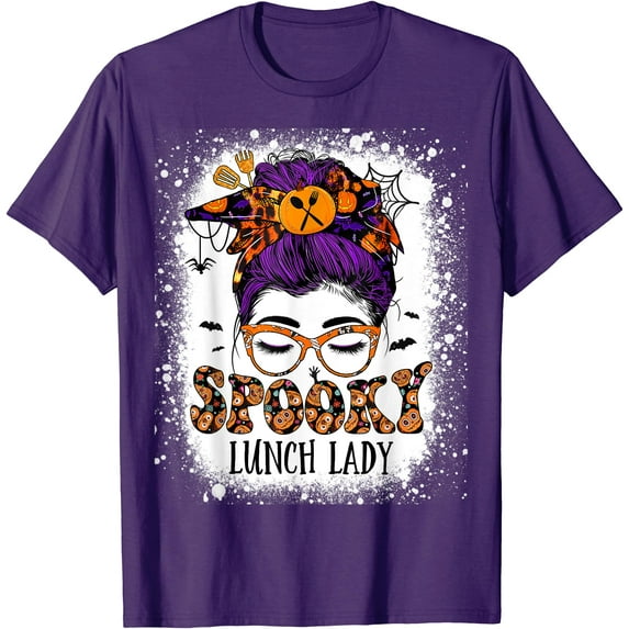 Hot Trending Tee With Spooky Lunch Lady Messy Hair Woman Bun Bleached ...